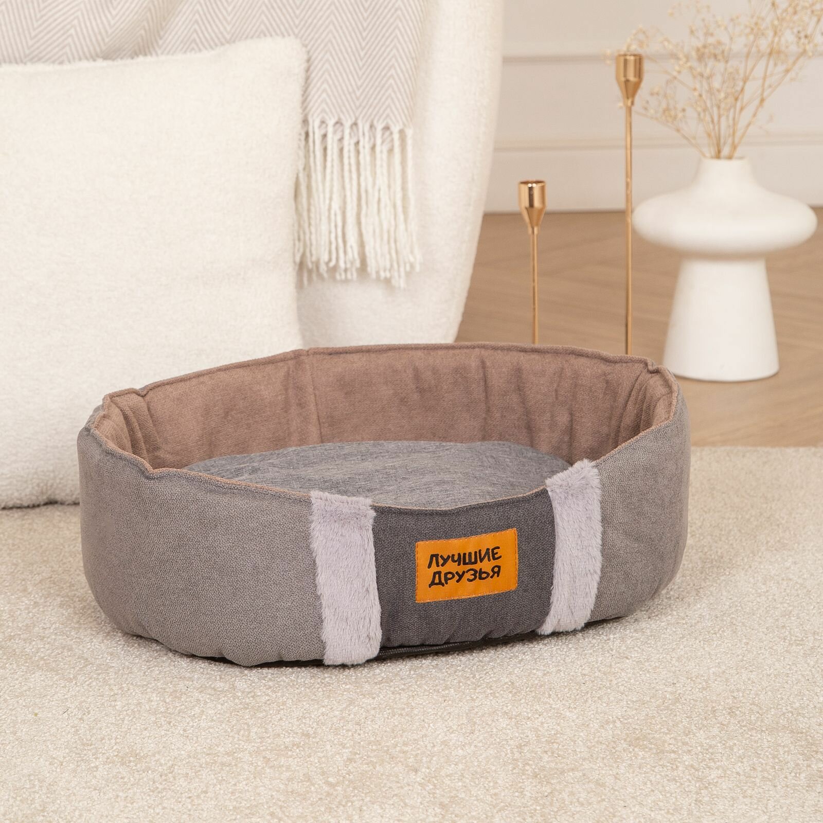 GLG Лежанка с подушкой для кошек и собак "Люксор". Графит, S. Размер 40х35х15 см.