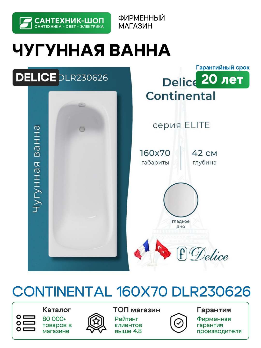 Чугунная ванна Delice Continental 160x70 DLR230626 без отверстий под ручки и антискользящего покрытия
