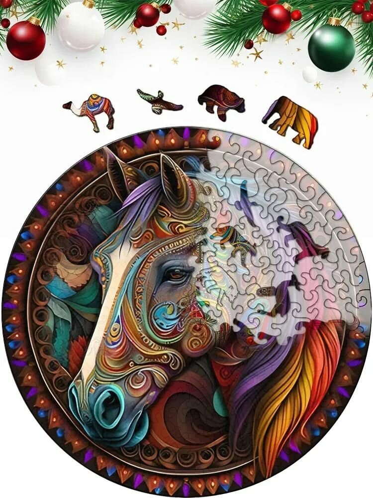 Деревянный пазл "Белая лошадь богатства" символ года 2026, Фигурный / Подарок для взрослых и детей