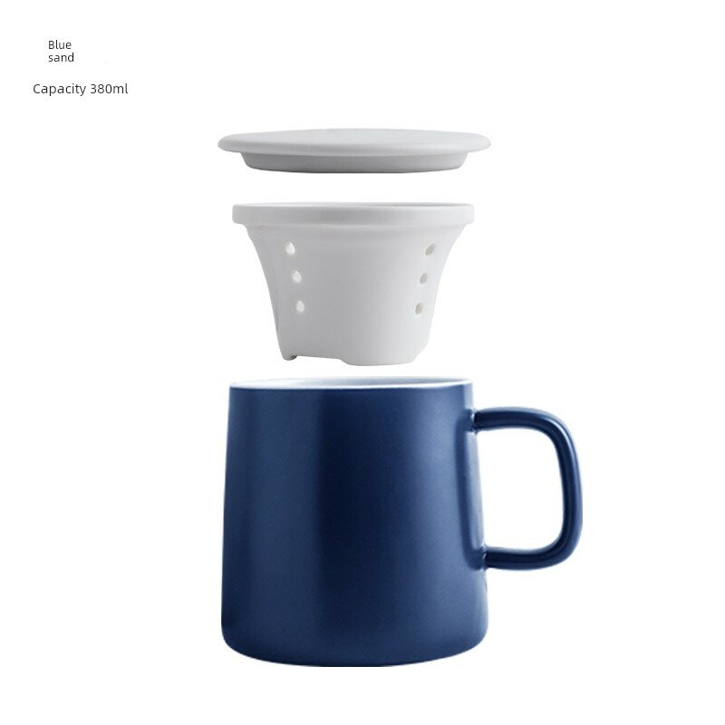 Темно-синяя простая керамическая чашка с чайным ситечком и крышкой без отверстий для заваривания чая, объем 300 мл