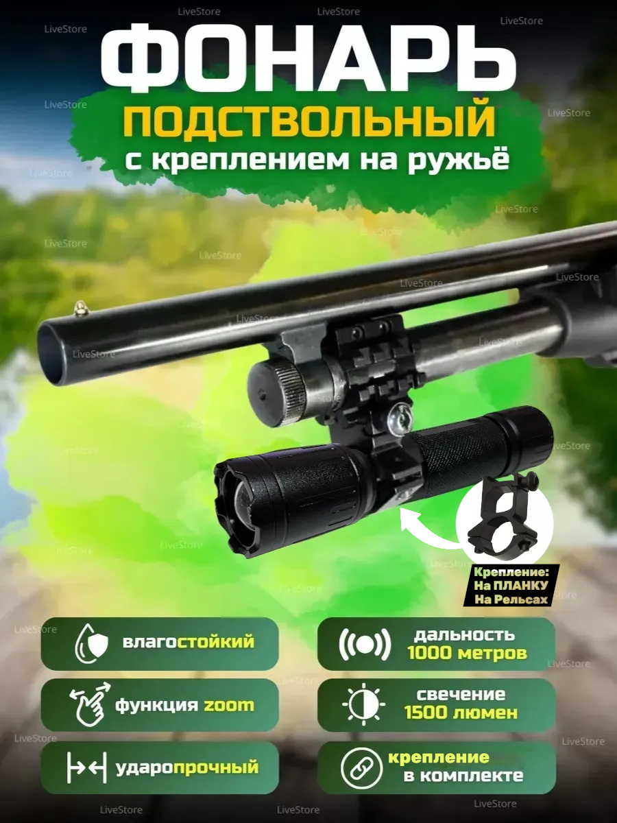 Подствольный тактический фонарь LiveStore с аккумулятором и зумом