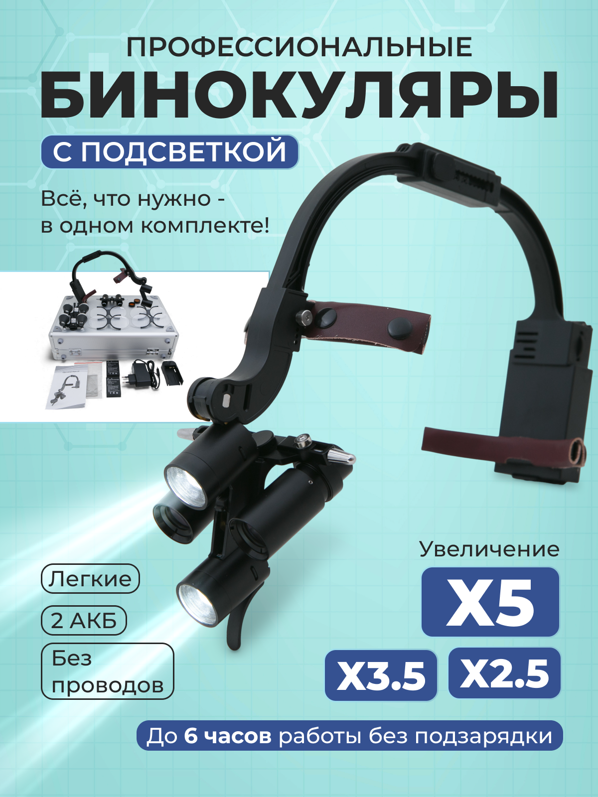 Налобный осветитель с комплектом бинокулярных луп увеличением до 5.0Х и стекол до 3.0Х