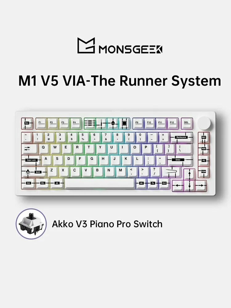 AKKO Игровая клавиатура беспроводная Akko MonsGeek M1 V5 Prototype Трехрежимная механическая клавиатура VIA 75% 3/5 контактов настраиваемая горячая замена RGB быстрая разборка прокладка, (Akko V3 Piano Pro), Английская раскладка, белый, черный матовый