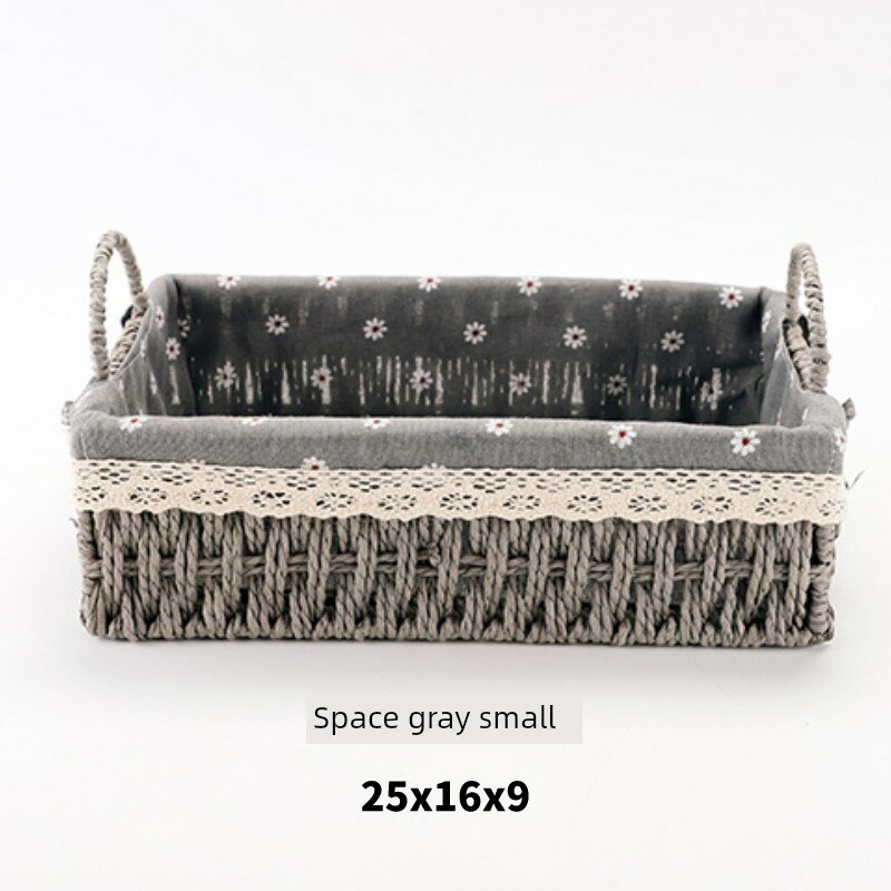 Серая квадратная маленькая двухручная ковричная корзина из бумажной верёвки с подкладкой для косметики и закусок -