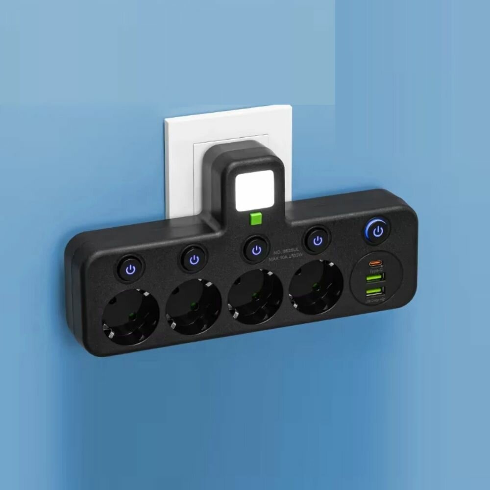 Сетевой фильтр с вилкой стандарта ЕС, универсальный сетевой фильтр, зарядное устройство USB Type-C, отдельный выключатель, адаптер для освещения.