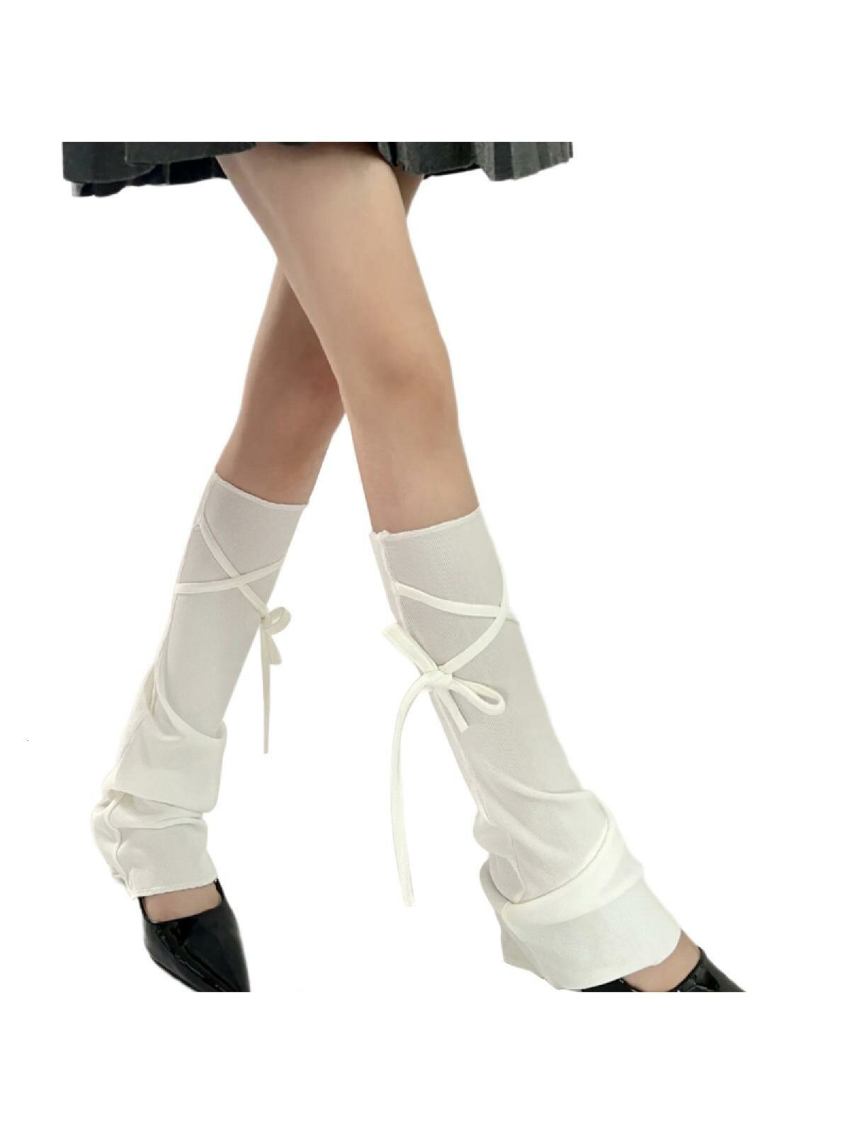 Женские вязаные удлинённые гетры с завязками, Белый
