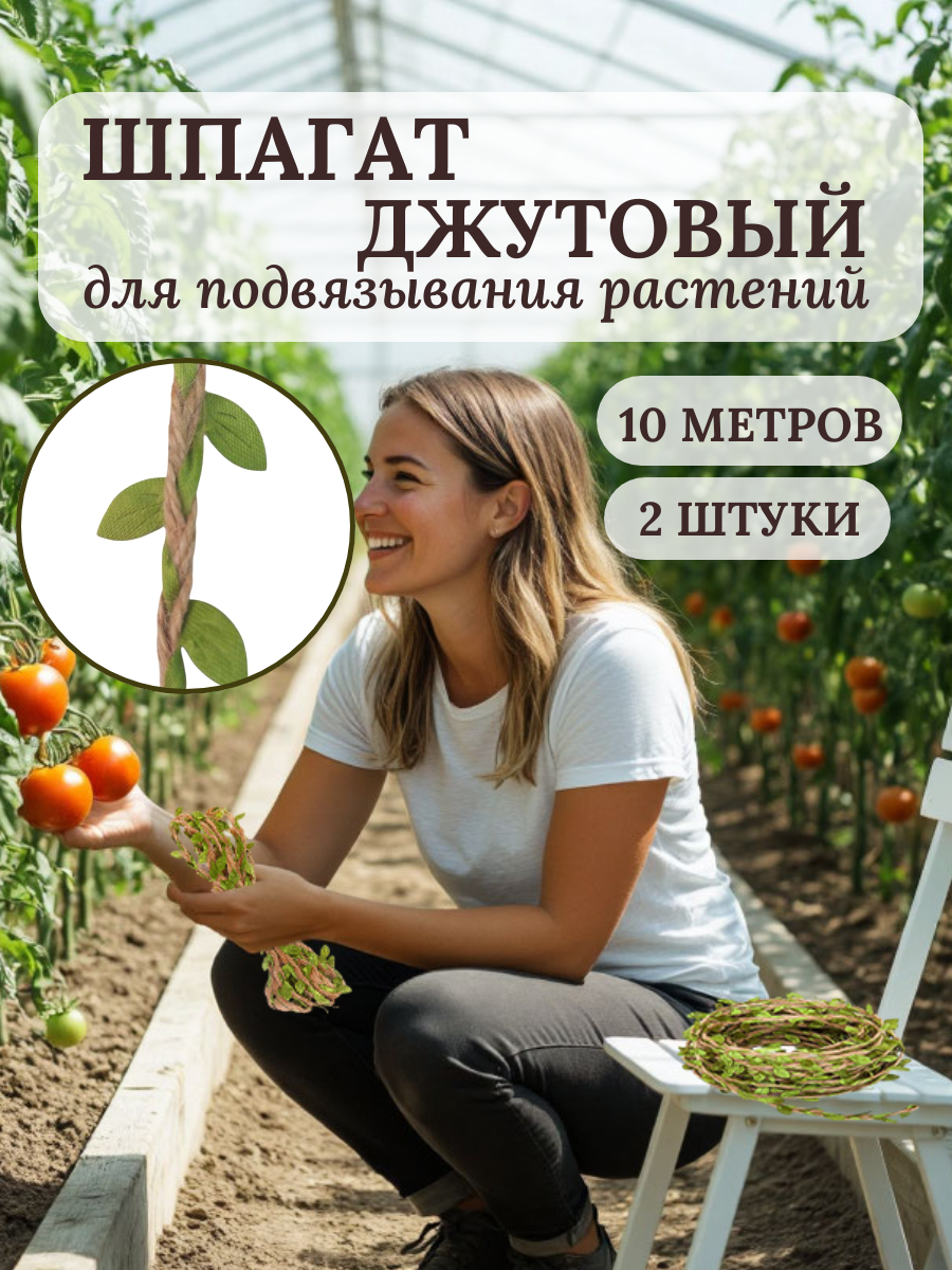 Шпагат для подвязки растений. Джутовая веревка 4 мм, 10м, 2 штуки. Светло-зеленый