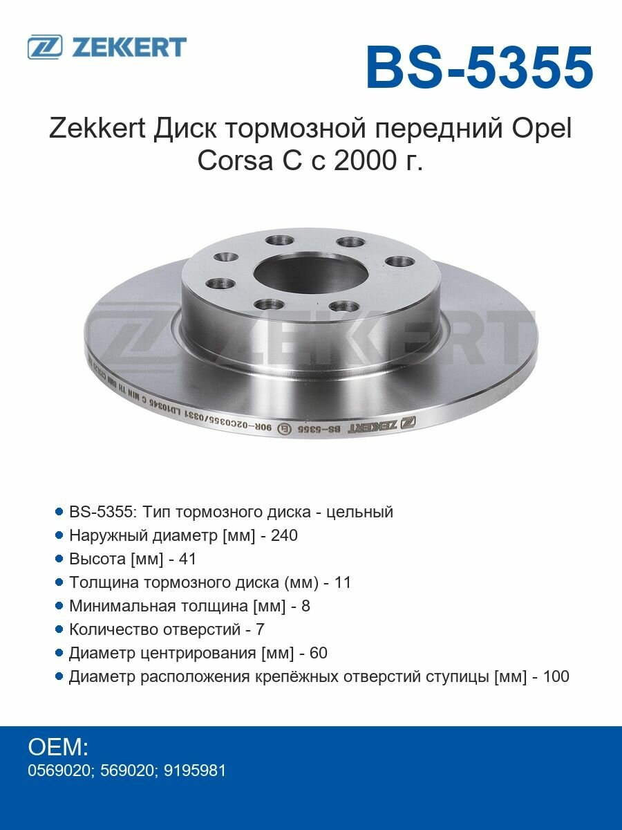 Zekkert Диск тормозной передний Opel Corsa C с 2000 г.