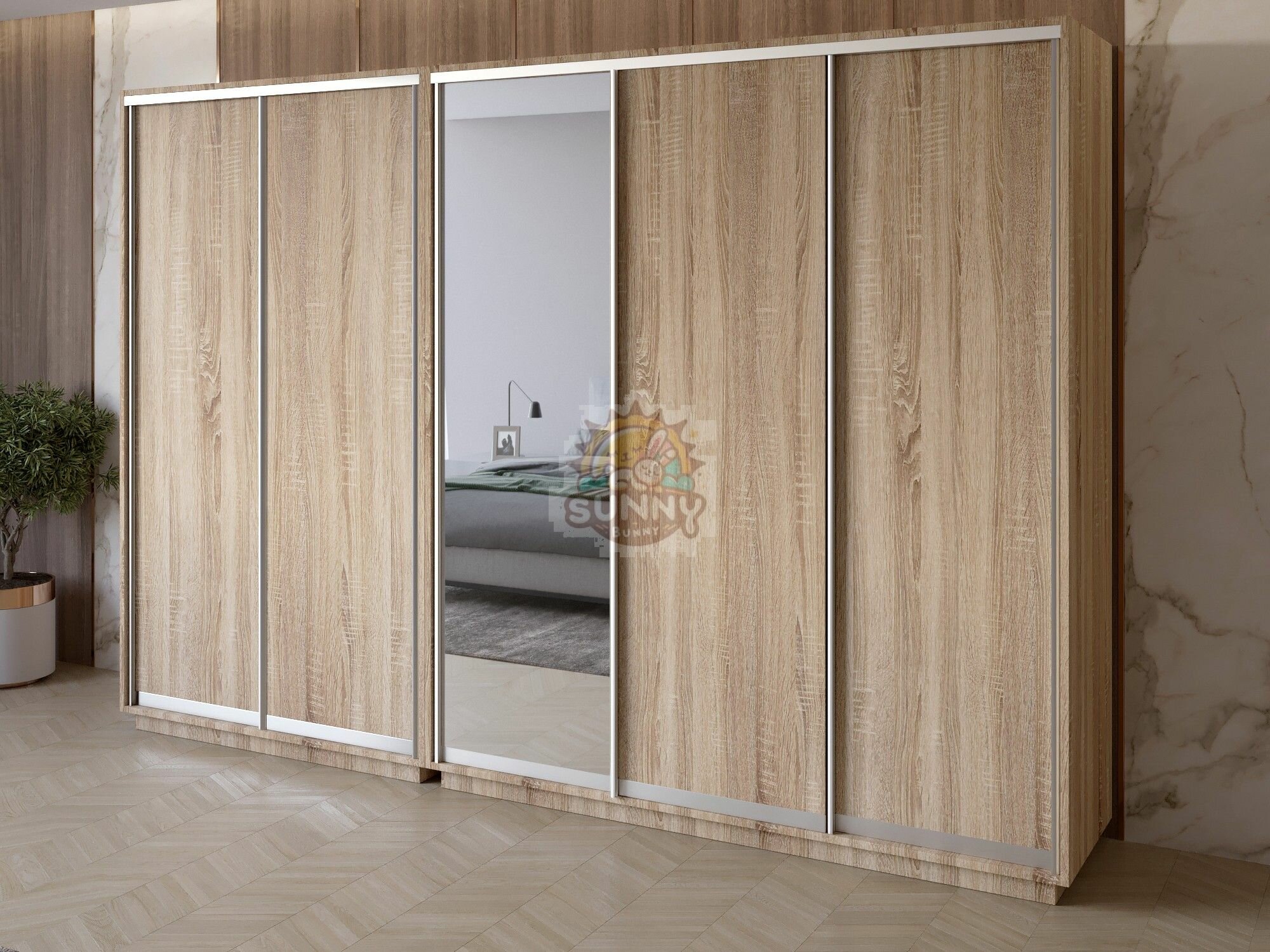 Шкаф-купе Вилли 5-ти дверный модульный (2+3) ЛДСП-4 / Зеркало-1, профиль серебро, 300х60х220 см. Дуб Сонома