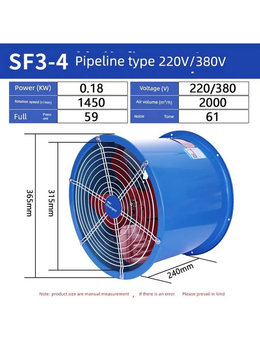 Осевой вытяжной вентилятор (канальный, 0.18кВт, 380В, медь)
