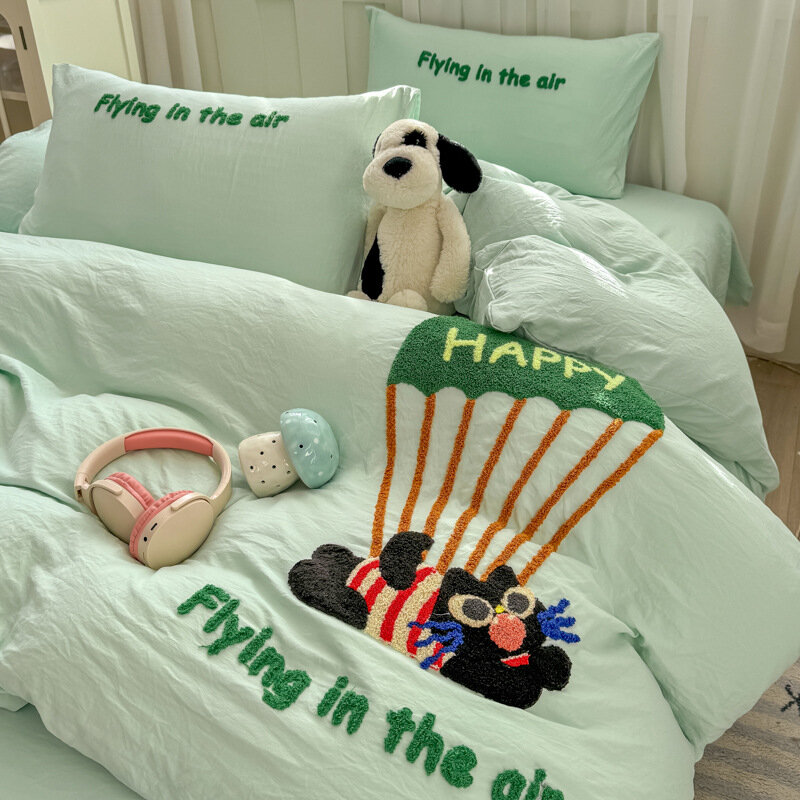Сет постельного белья Happy Cat 4-в 1 с пододеяльником 180x220 см, водяная стирка, хлопок, мультяшный дизайн для