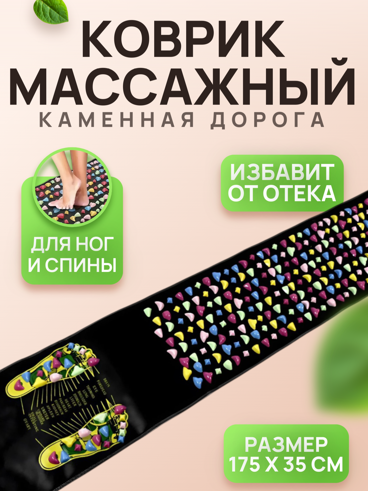 Коврик массажный для спины и ступни 175х35см, с акупунктурным воздействием, иммитация каменной дороги
