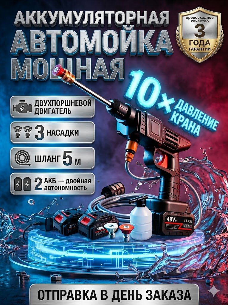 Мойка высокого давления аккумуляторная для автомобиля, Автомойка, в кейсе 2 аккумулятора, 3 насадки