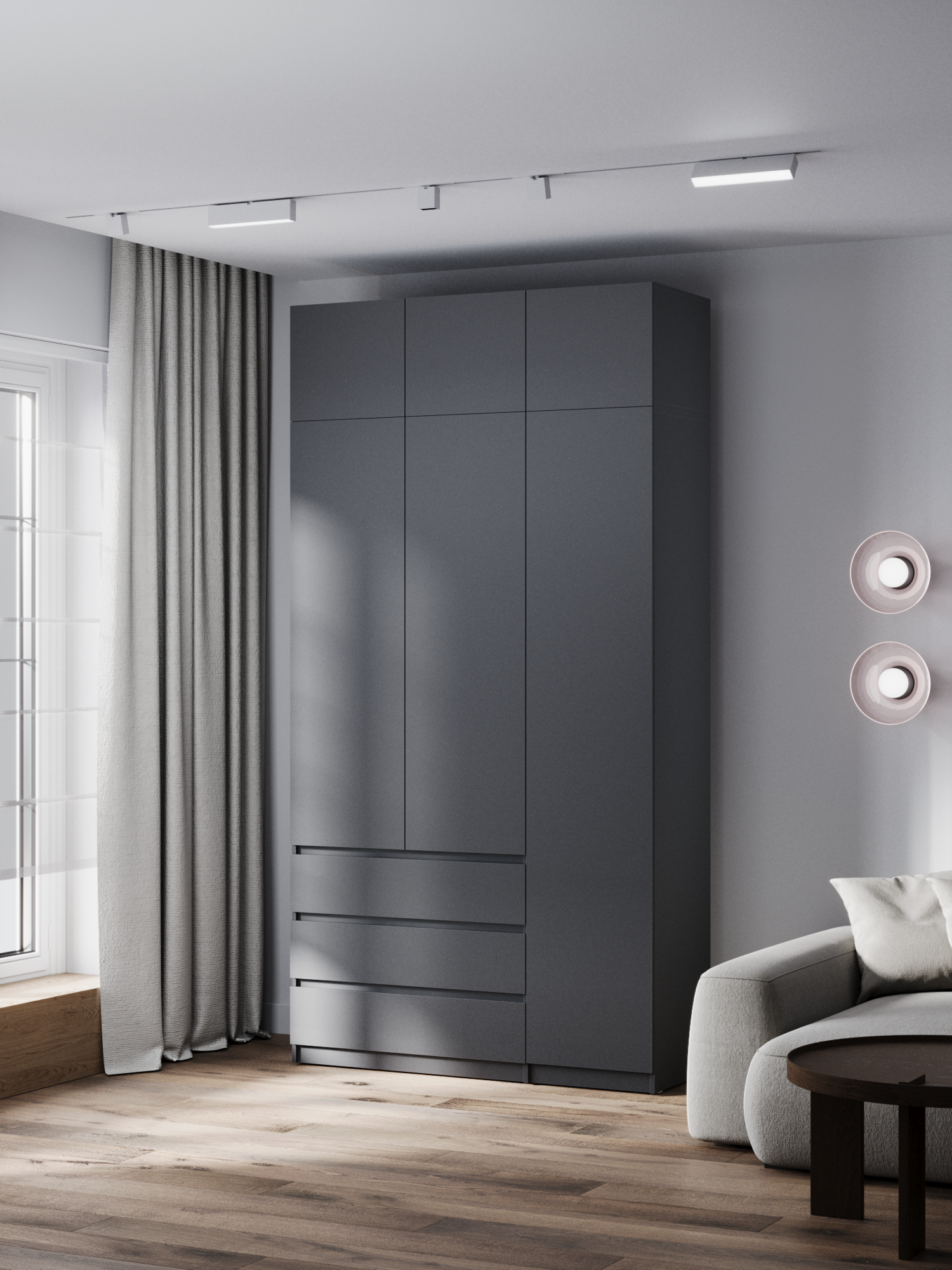 Шкаф для одежды Нонтон Грандис, 135x50x260 см, с антресолью, 3 ящика и 7 полок, графит