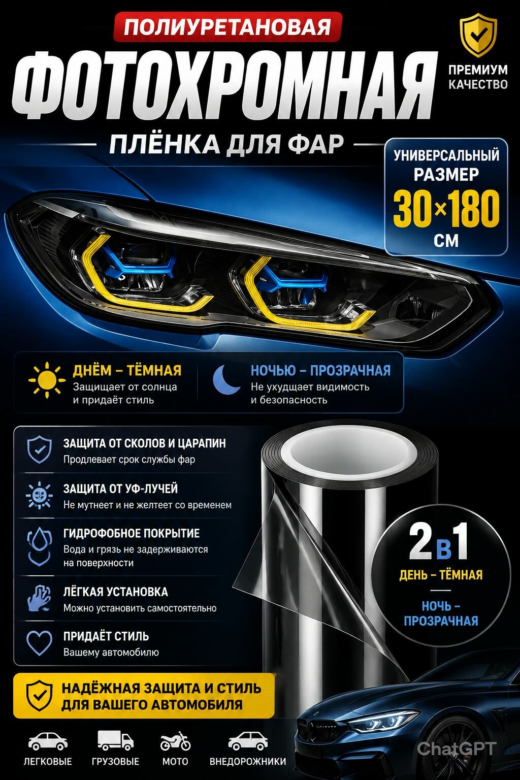 Пленка автомобильная антигравийная 1.8 мх40 см