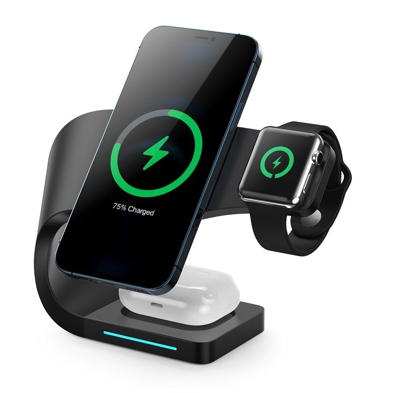 Беспроводная зарядка, устройство 3 в 1 MagSafe для iPhone Apple Watch Airpods 15Вт черный JD-Tec Qi-15W / Беспроводная зарядка для Samsung Xiaomi Honor Huawei