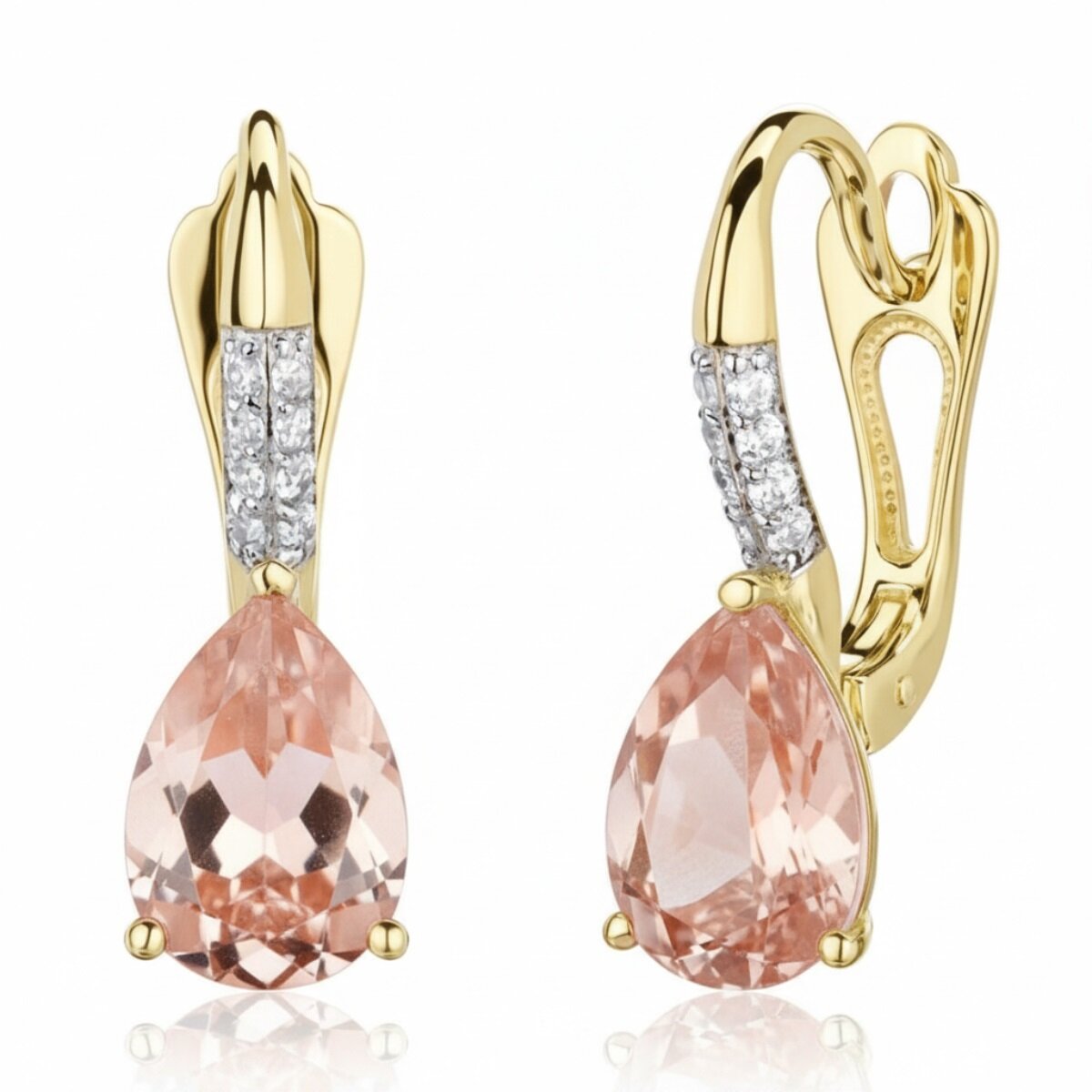 Серьги, золото, 585 проба, фианит, морганит