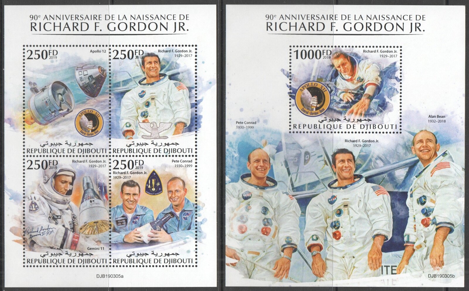 Марки 2019 год Джибути Космос Ричард Гордон Аполлон-12 #2986-2989+Bl1325 Mnh