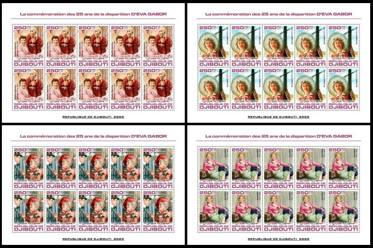 Марки 2020 год Джибути Ева Габор Луи Журдан Кино #3471-3474 ! 4 полных листа Mnh