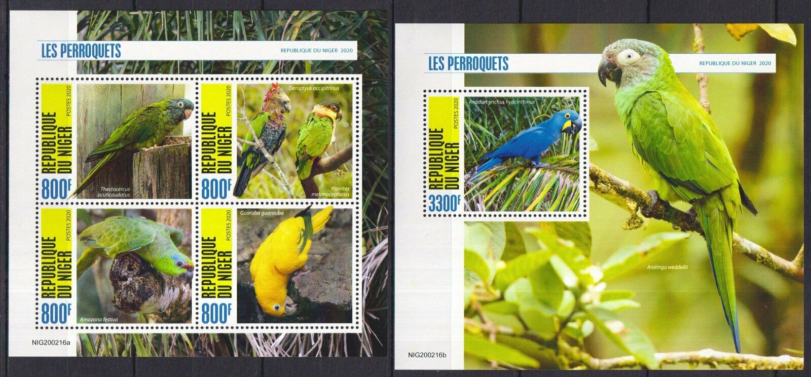 Марки 2020 год Нигер Попугаи Птицы Фауна #7261-7264+Bl1146 Mnh