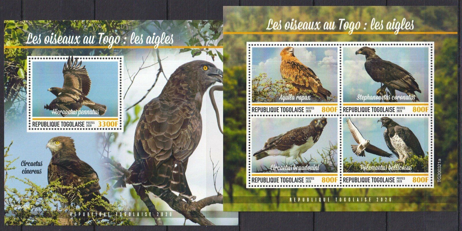 Марки 2020 год Того Орлы Хищные птицы Фауна #8499-8502+Bl1976 Mnh