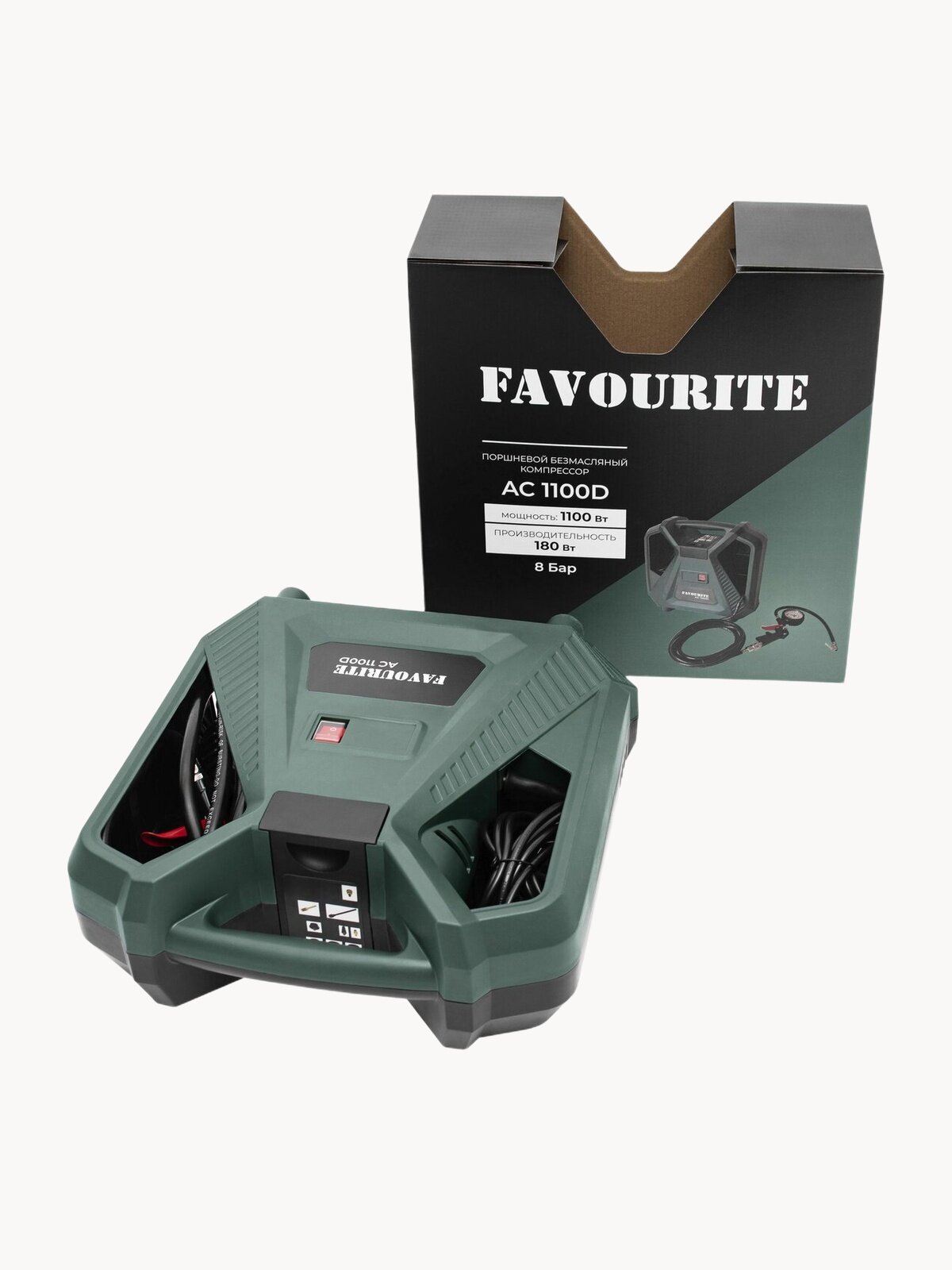 Поршневой безмасляный компрессор FAVOURITE AC 1100D ,1100 Вт, 180 л/мин, 8 Бар, 3550 об/мин