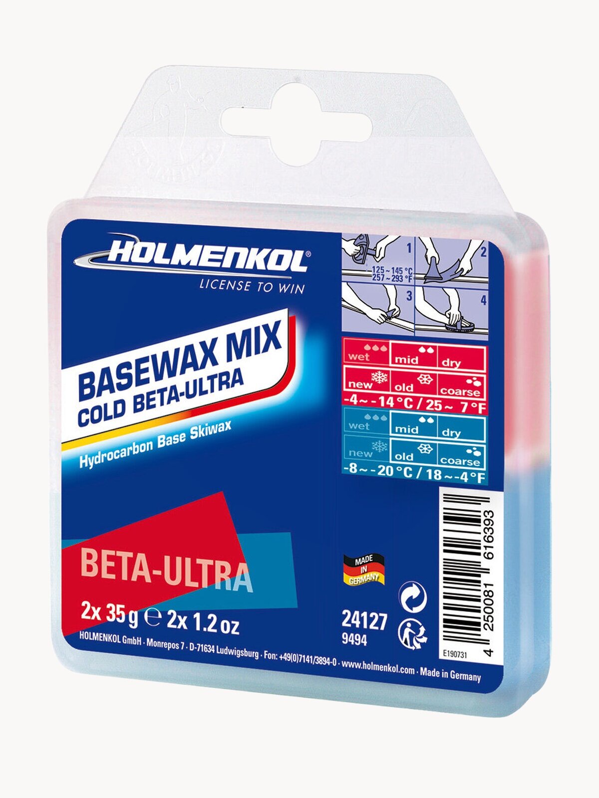 Набор парафинов Holmenkol Basewax Mix Cold Beta-Ultra red/blue (24127)