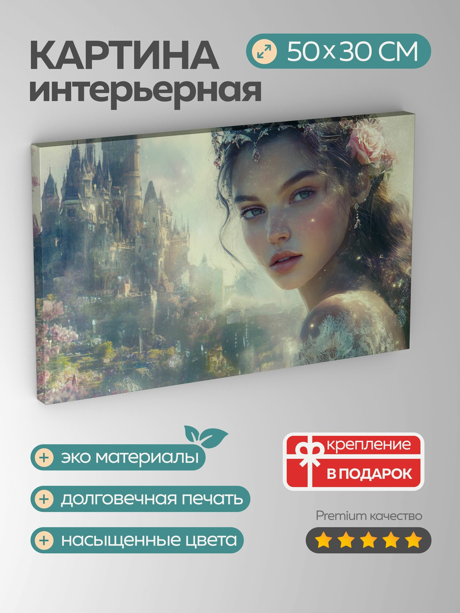 Картина на холсте интерьерная 50х30 см, принцесса, замок, сады, пастельные тона, грация, царственное очарование, 5:3