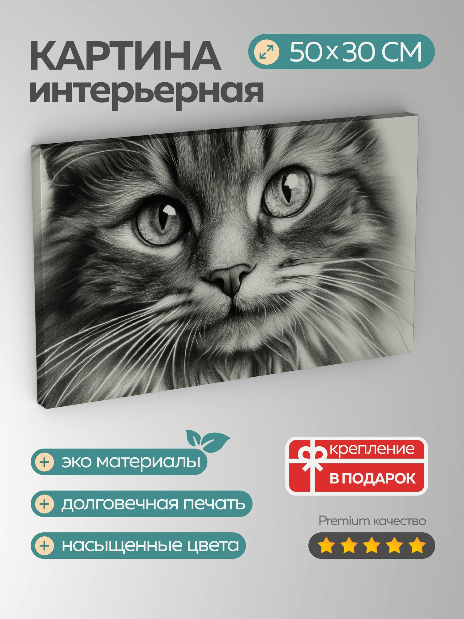 Картина на холсте интерьерная 50х30 см, Кот, мейн-кун, уголь, шерсть, глаза, растушевка, текстура, реализм, детальность