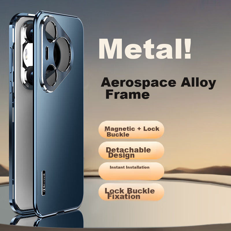 IM-CHEN [Metal Magnetic] Phone Case for Huawei Pura 70 Pro, Pura 70 PRO+ Protective Cover, Aluminum Alloy Lens Ring, Frosted Business Full Protection Shockproof - Azure Blue