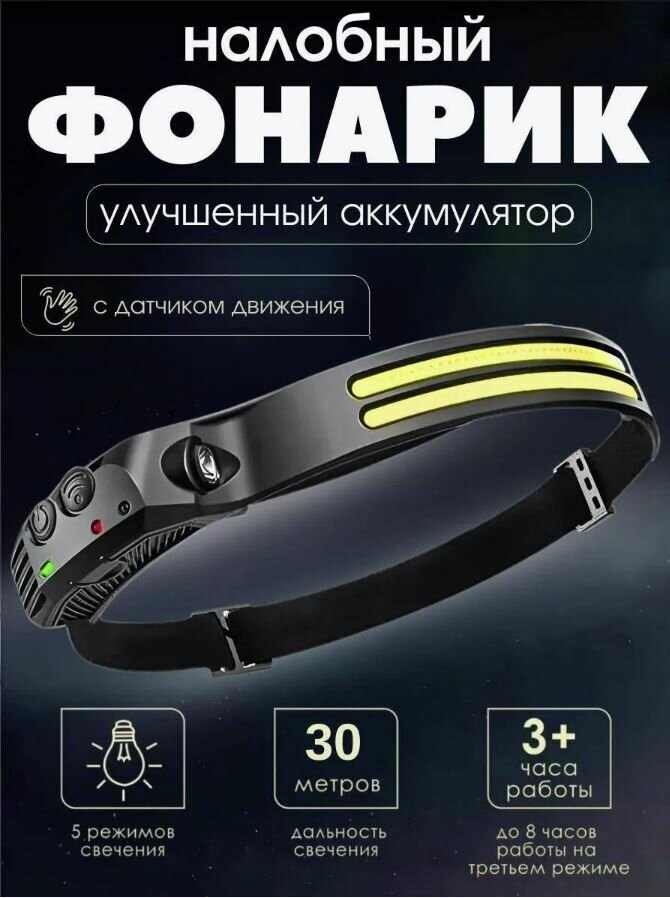 Фонарь налобный аккумуляторный светодиодный с зарядкой 2 полосы с датчиком движения для рыбалки