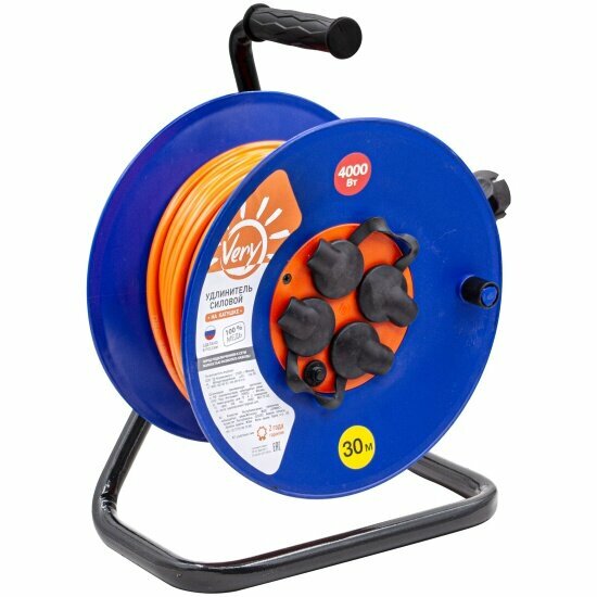 Very Удлинитель силовой на катушке 4 розетки, IP44, ПВС 3x2,5мм, 16А, 3,7кВт, с/з, термозащита, 30м 89-0-166