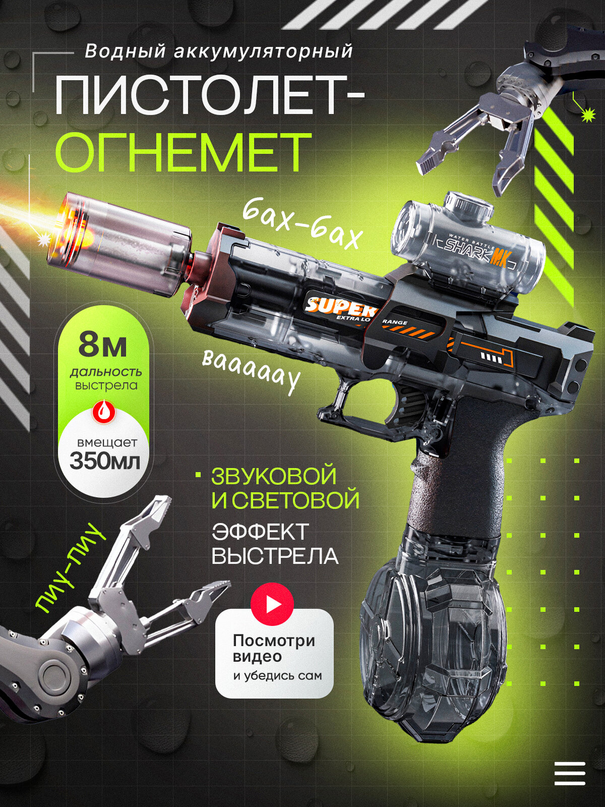Электронный водяной пистолет 2025 – автоматическая стрельба, LED-подсветка, для детей и взрослых