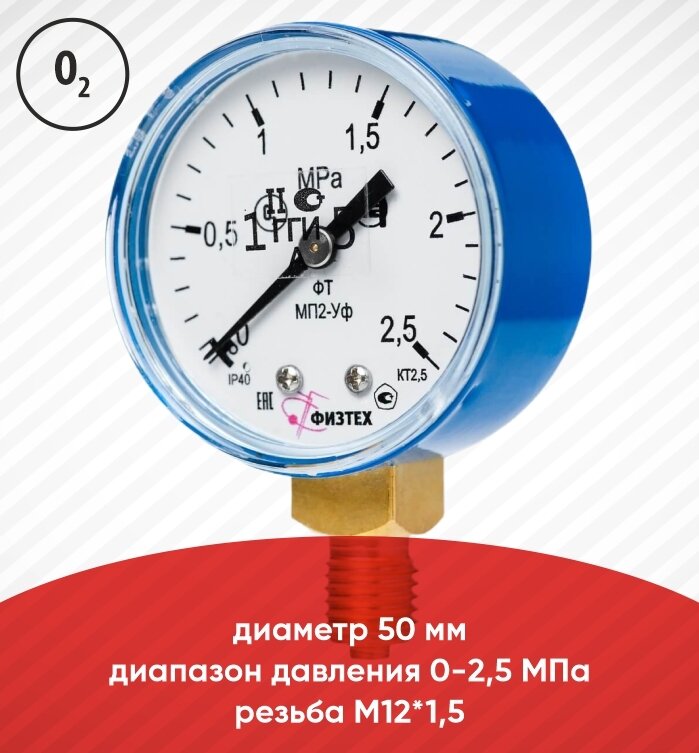 Манометр газовый МП2-Уф 0-2,5 МПа кт.2,5 d.50 IP40 M12*1,5 РШ Кис (O2)