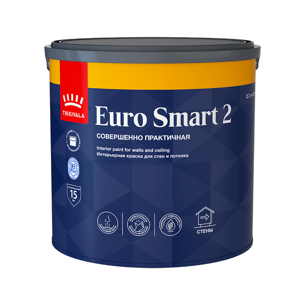 Краска Tikkivala Euro Smart 2 интерьерная, база A, глубокоматовый, 2,7 л
