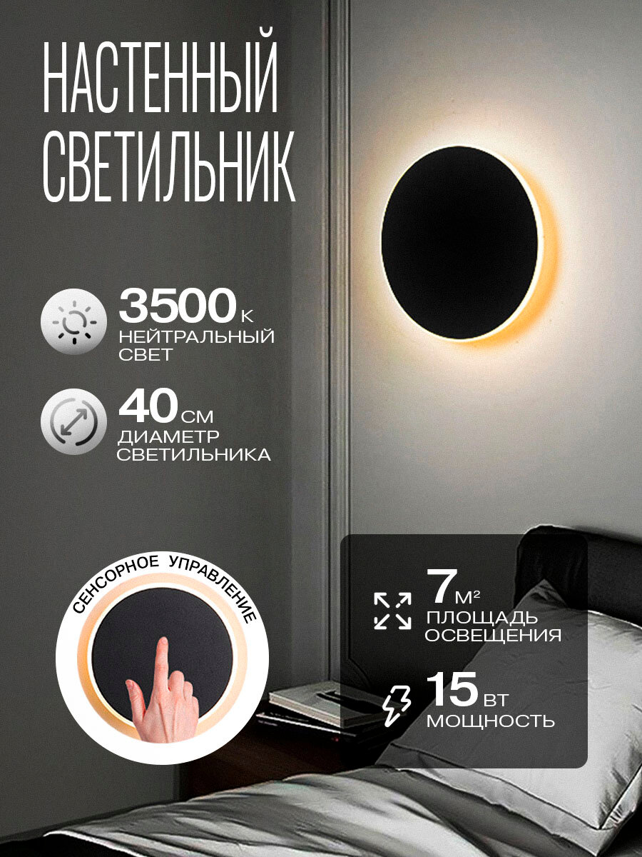 Настенный светильник светодиодный бра с выключателем сенсорным Circle Black 40 см, черный матовый