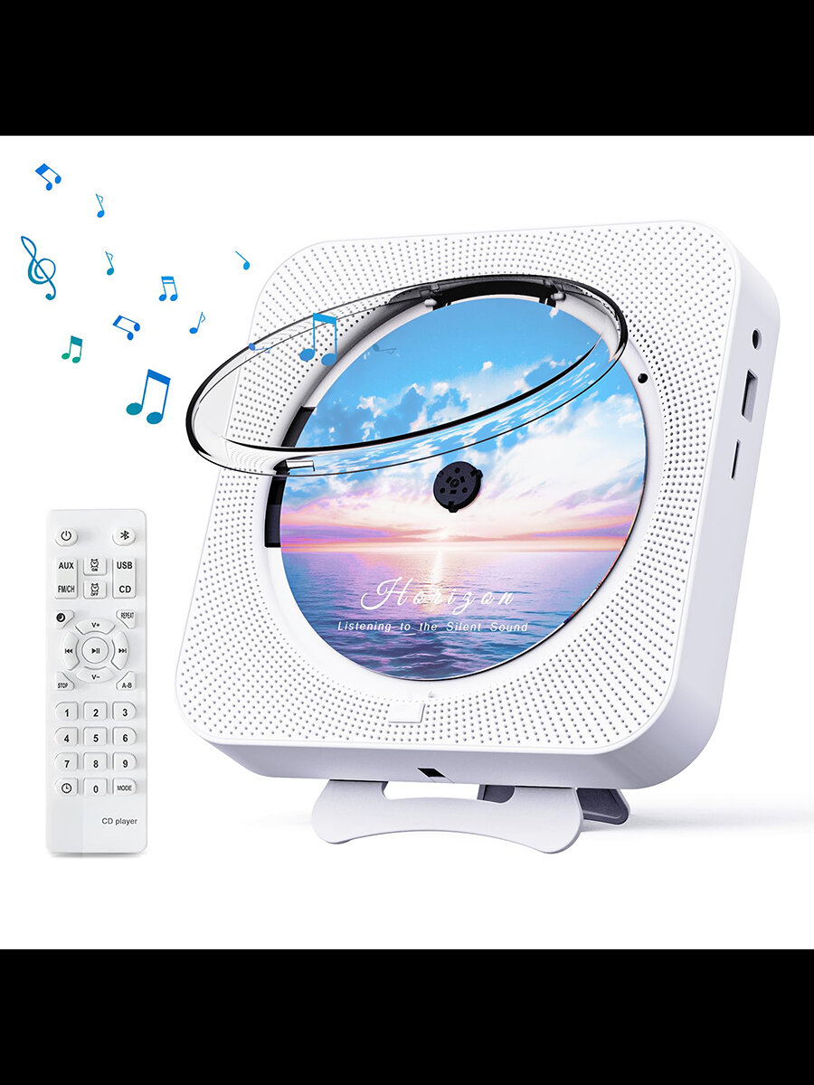 Портативный домашний CD плеер Bluetooth с дистанционным управлением, таймером, встроенными динамиками и светодиодным дисплеем FM радио белый