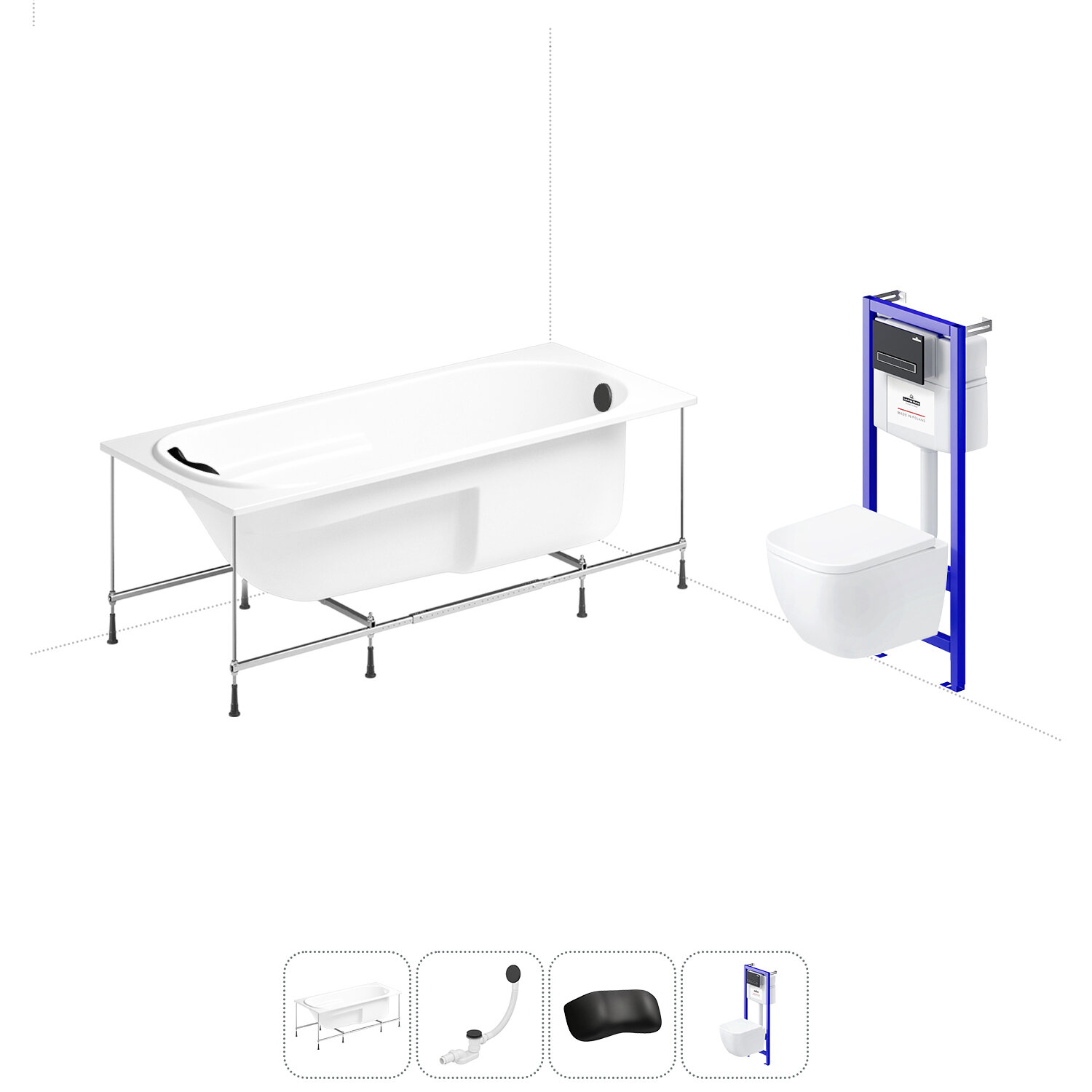 Акриловая ванна 160x75 с каркасом Lavinia Boho Bristol 20221159R в наборе 5 в 1: ванна, ножки, слив-перелив, подголовник, унитаз в комплекте