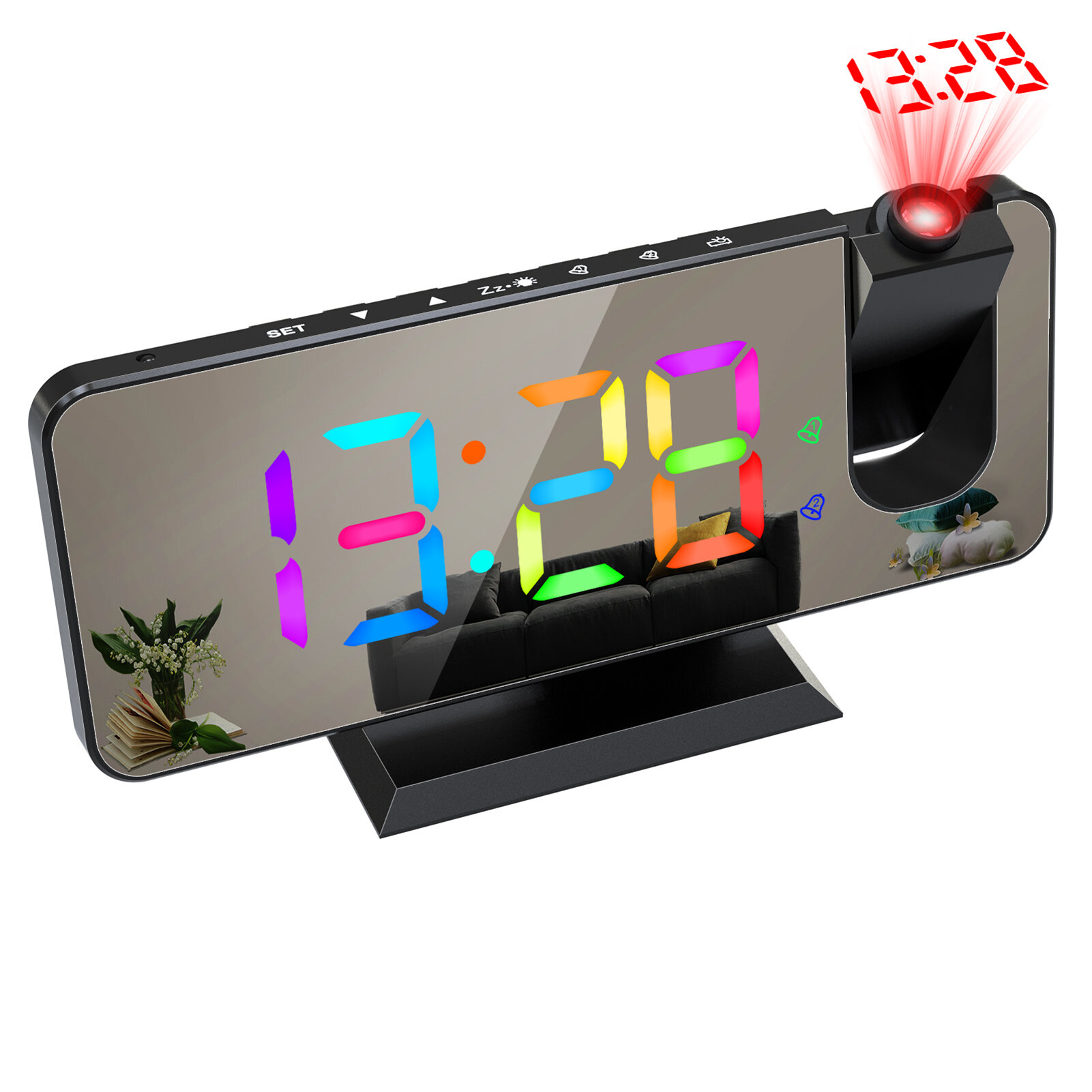 Digital 180°Projection Alarm Clock with Dynamic RGB Light Brightness Adjustable Snooze Dual Setting USB Charger Port Mirror for Bedroom 12H/24H