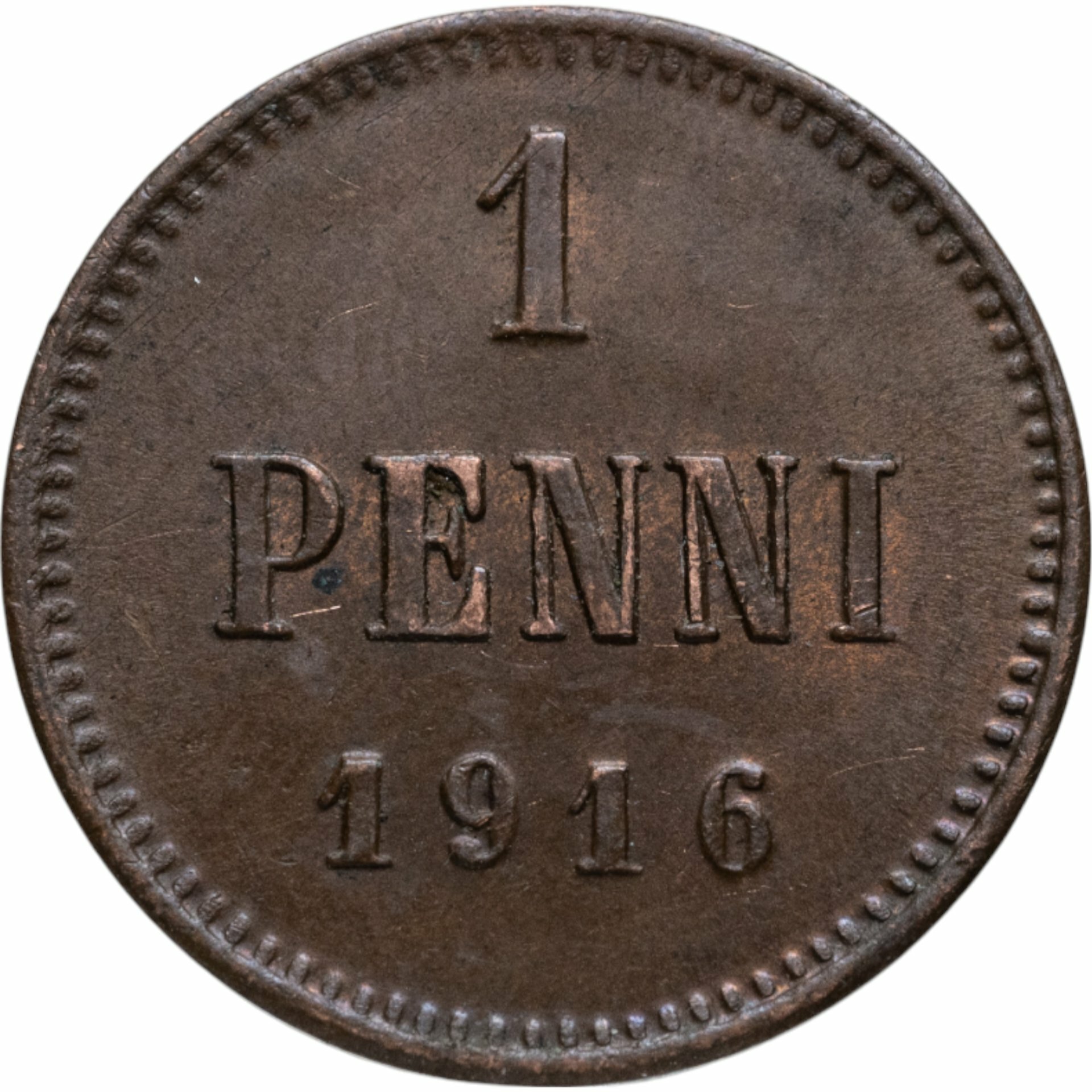 1 пенни penni 1916 Российская Финляндия, Медь, в сохранности UNC