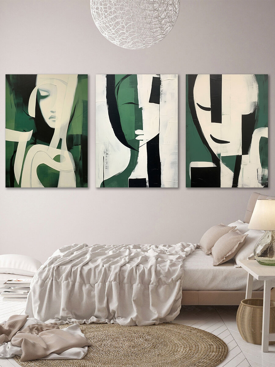Модульные картины на стену / триптих - "Зеленая абстракция, лица и силуэты", картина 3 шт, модуль 40х90 см