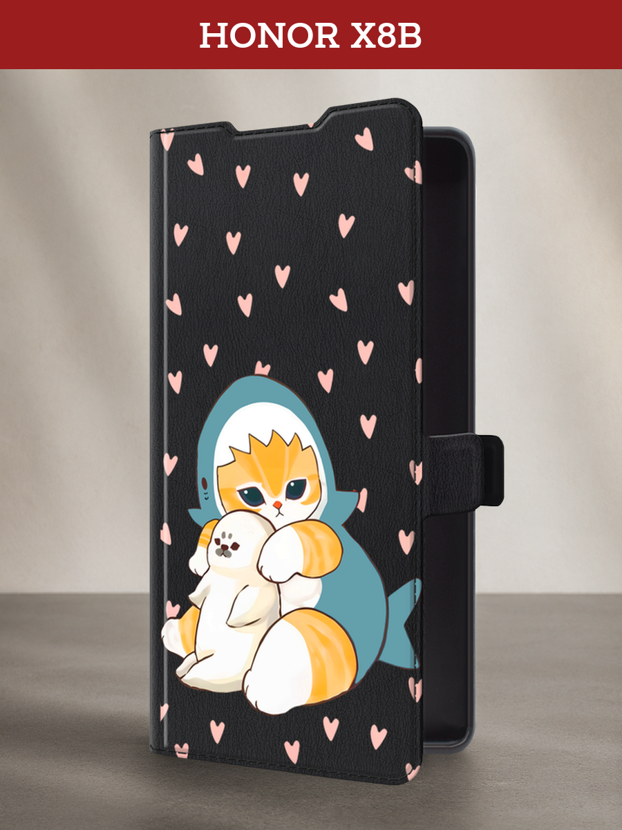 Чехол-книжка на Honor X8B / Хонор Х8B с принтом Два котика, черный