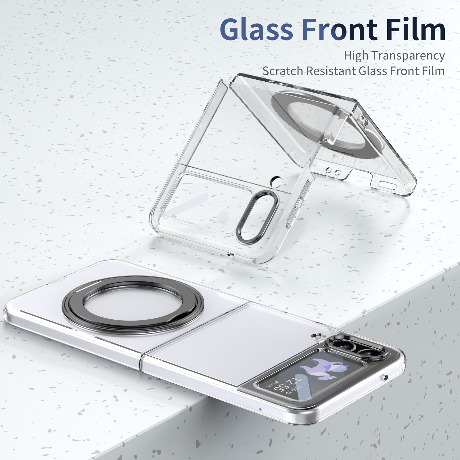 Подходит для Samsung Galaxy Z Flip4 / Самсунг Галакси Z Flip4 Чехол для смартфона, складной подставкой для телефона и защитной пленкой для экрана, Z Flip 4, подставка, прозрачный,360° Полная защита,