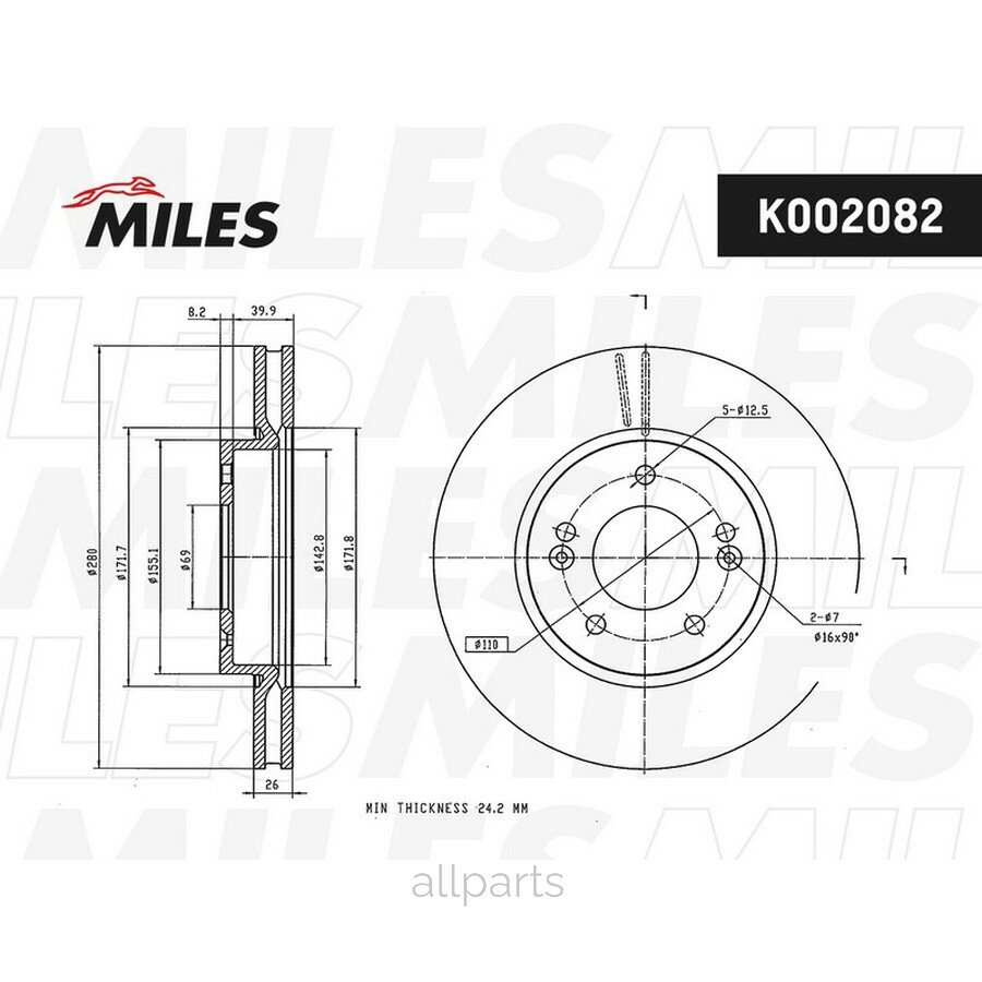 MILES K002082 Диск тормозной CHANGAN CS35 12- пер. вент. D 280мм.
