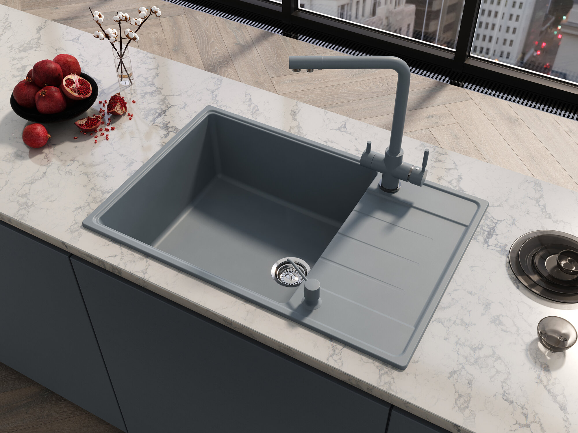 Мойка для кухни каменная с крылом серая врезная на столешницу кварц 76x50х20 см Grandex Aqua TOPLINE 76F, с сифоном и выпуском