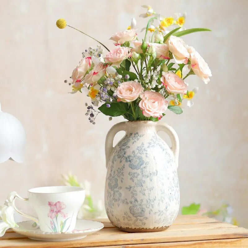 Ретро ваза из керамики с ручной росписью "Треснувший лед" – 18.5 см, для цветов и декора