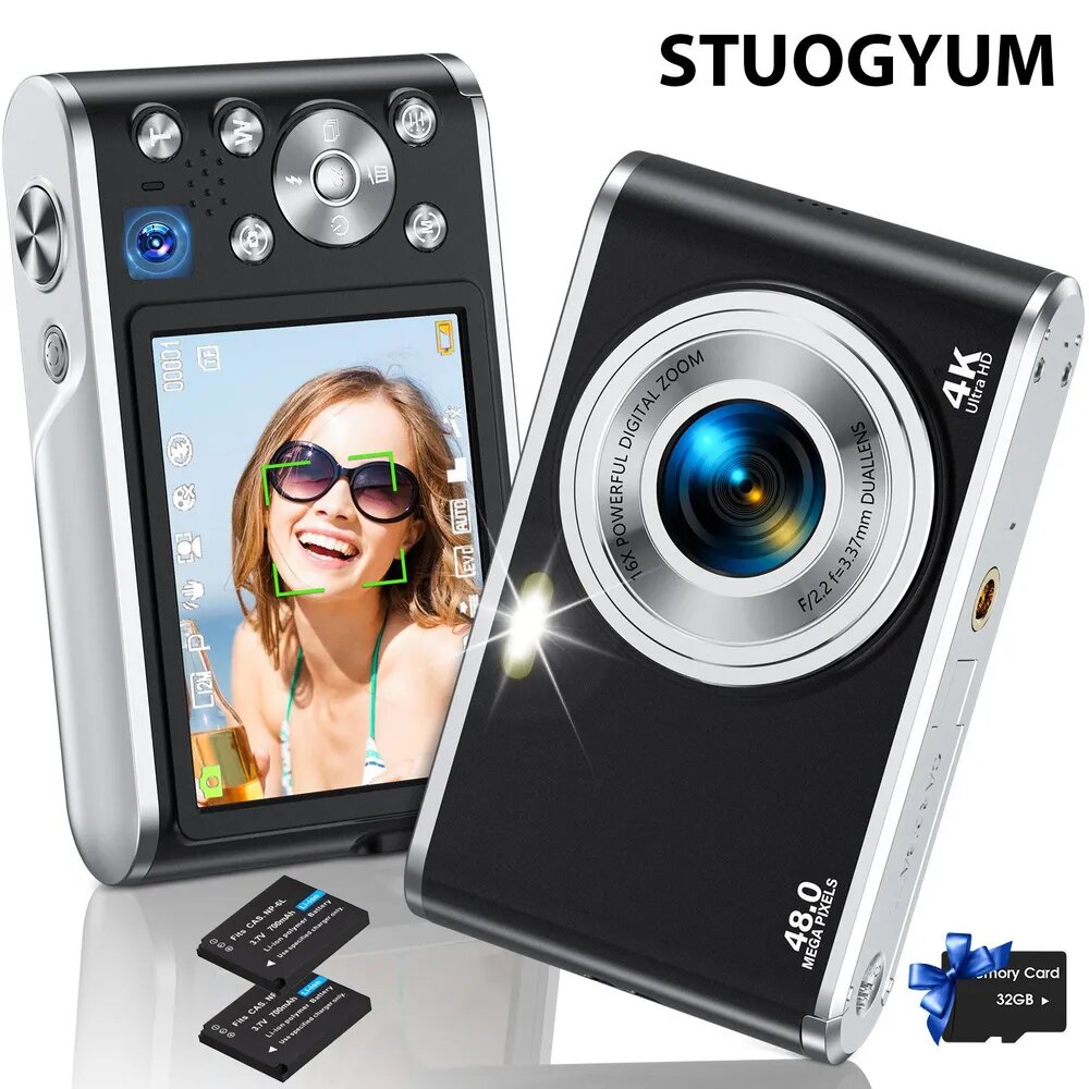 Компактный фотоаппарат Можно снимать до и после, запись в формате 4k, 48 мегапикселей, 16-кратный цифровой зум, вспышка, можно использовать как веб-камеру