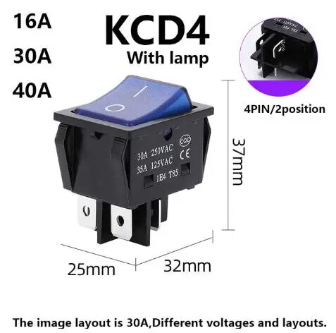 Переключатели кнопки питания KCD4, пластик, 30/35A 250/125 В переменного 2position 4PIN Blue, 40A