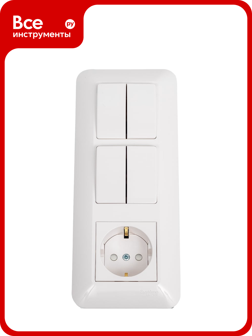 Блок: розетка с заземлением + выключатель 2-клавишный + выключатель 2-клавишный Systeme Electric BLANCA С/У, белый, опт. уп. Рос BK2VR-008B-B прочной конструкции