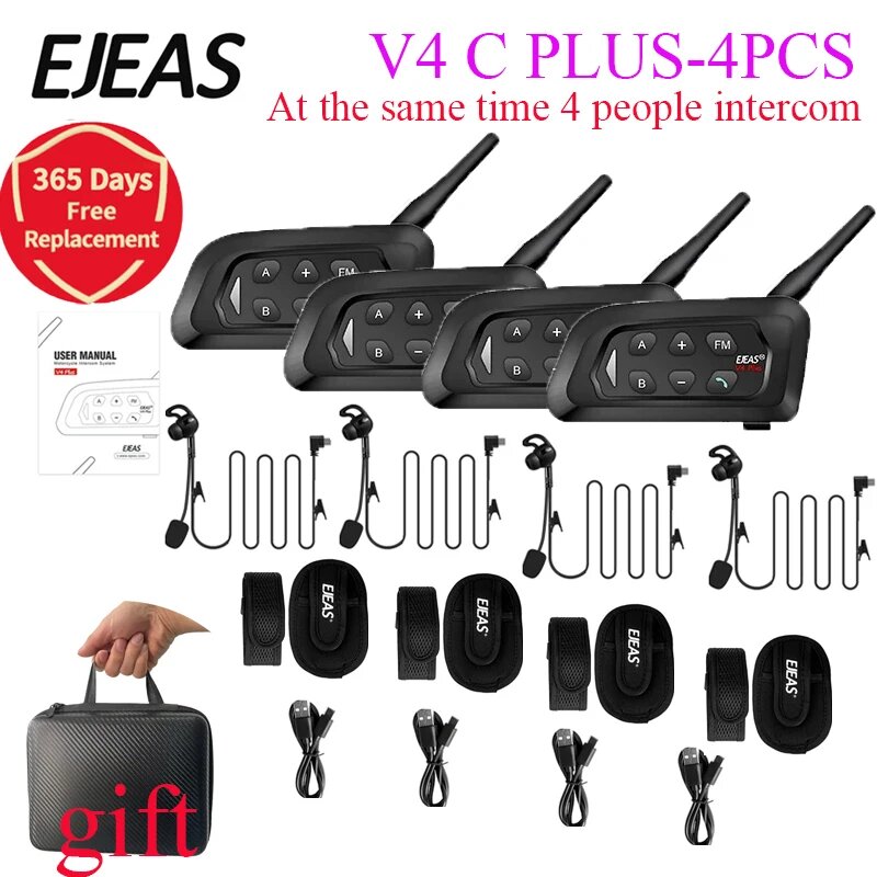 EJEAS V4C Plus: одновременная связь для 4 человек, внутриканальная связь для судей, водонепроницаемость IP65, FM-радио, Bluetooth 5.1, 1200 м, 4 шт.